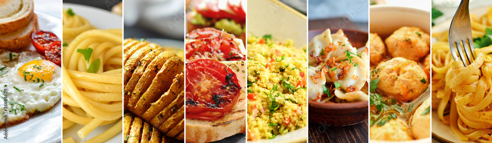 Collage of varied cooked food. Assortment and menu for the cafe. Stock ...