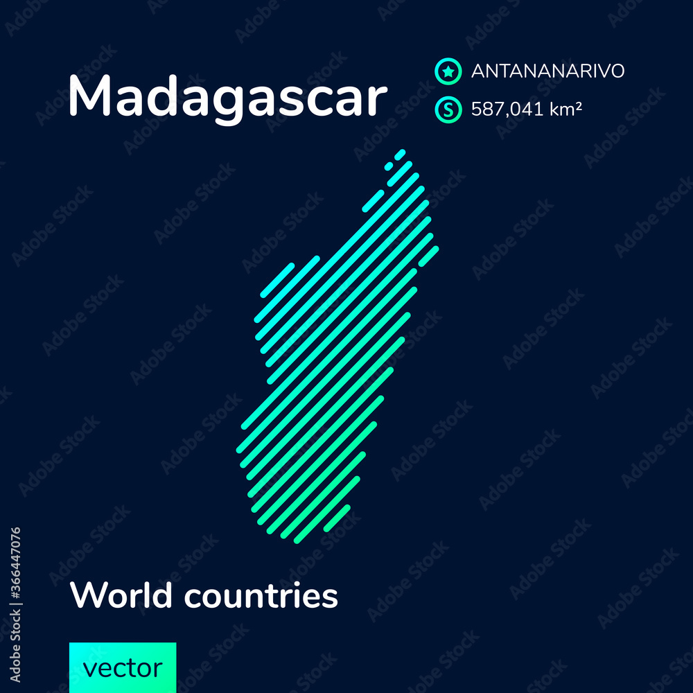Flat vector Madagascar map in turquoise colors on a dark blue ...
