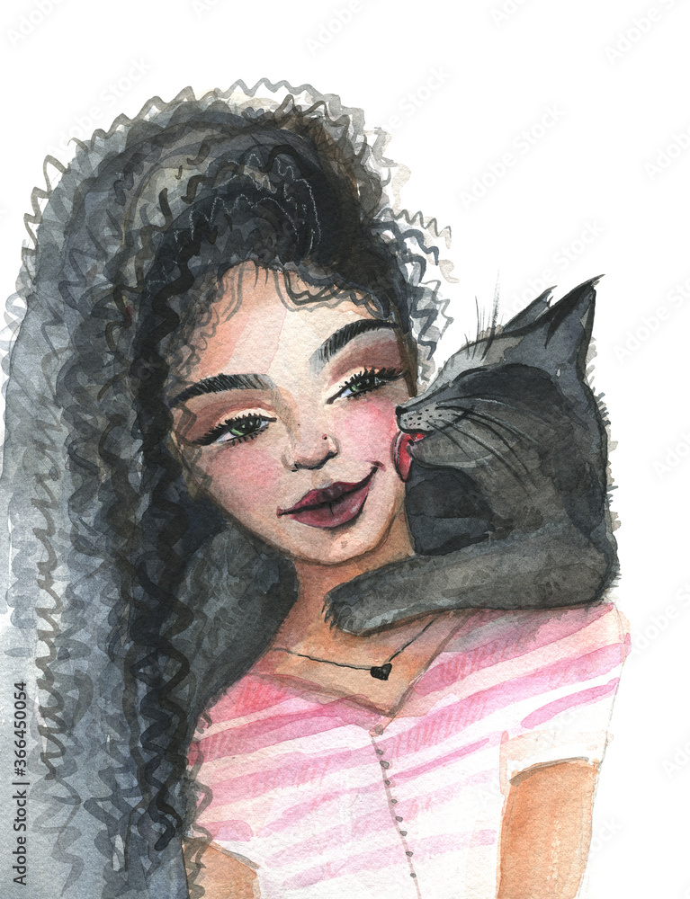 Girl and cat. Cartoon beautiful girl with a black cat. Black cat hugs ...
