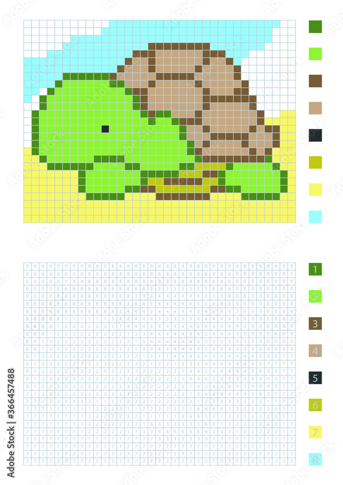 Pixel cartoon turtle in the coloring page with numbered squares, vector ...