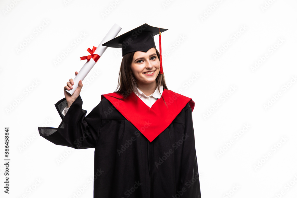 Happy graduated student girl with scroll isolated on white background ...