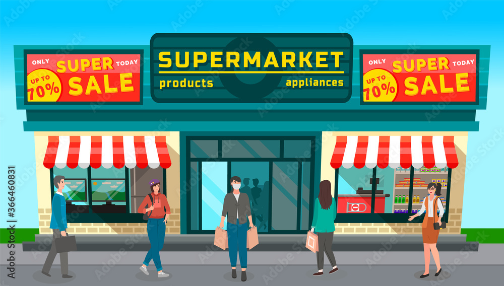 Image of grocery store with large discount signs. Supermarket with ...