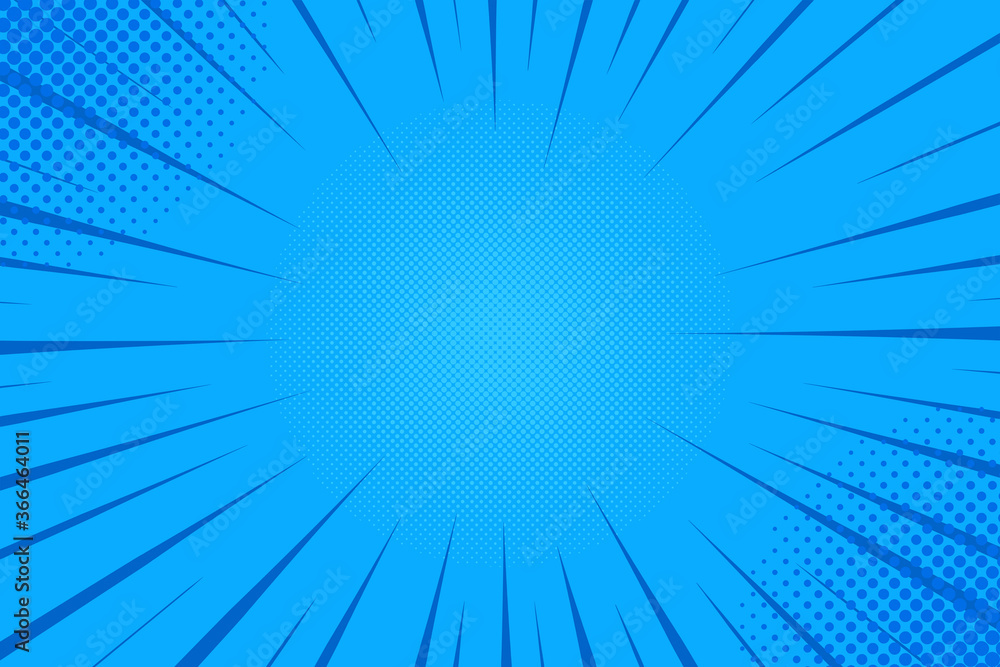 Blue comics rays background with halftones. Vector backdrop ...