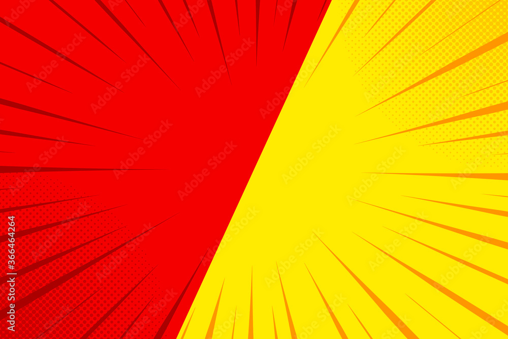 Red and yellow comics rays background with halftones. Vector backdrop ...