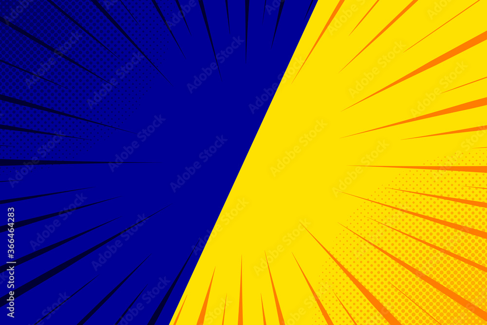 Blue and yellow comics rays background with halftones. Vector backdrop ...