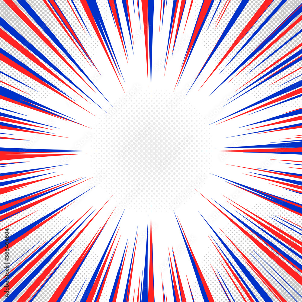 Blue, white and red comics rays background with halftones. Vector ...