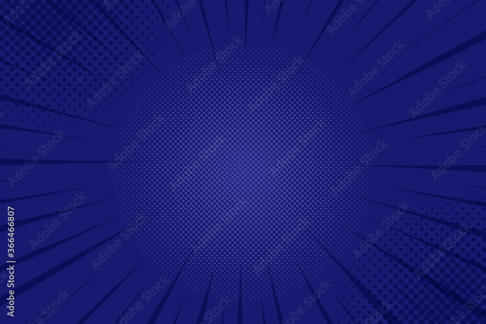 Blue comics rays background with halftones. Vector backdrop ...