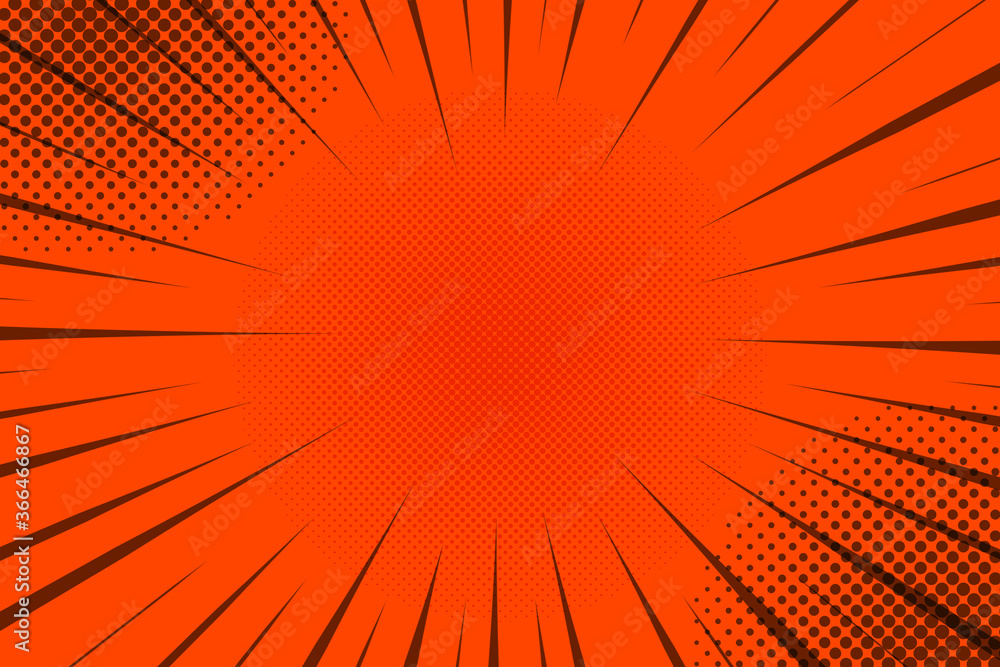 Red-orange comics rays background with halftones. Vector backdrop ...