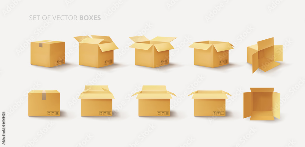 Set of isolated open and closed boxes on a white background, unpacking ...