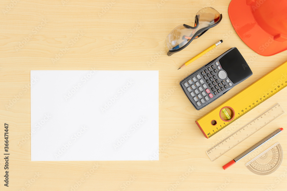 Top view engineer desk light brown wood texture have roll home plan and ...