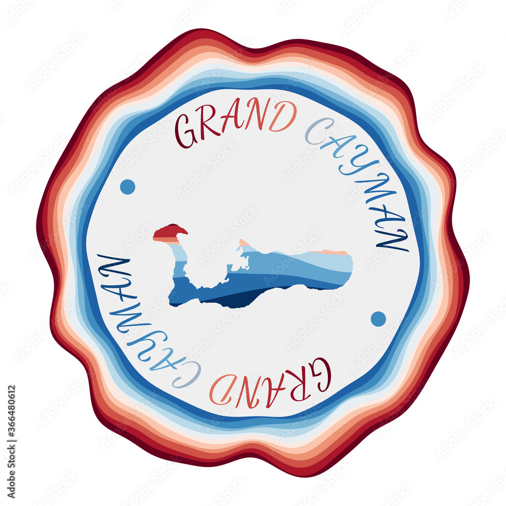 Grand Cayman badge. Map of the island with beautiful geometric waves ...