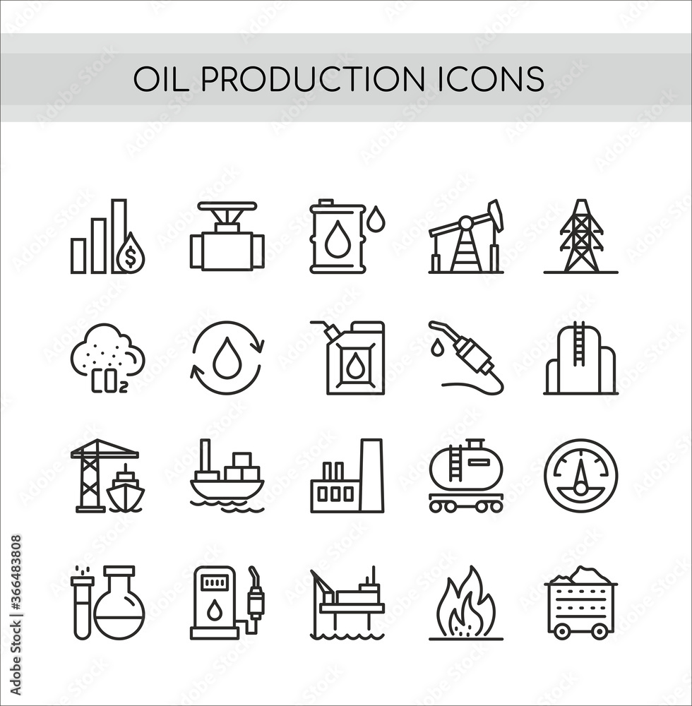 Oil production vector illustration set. Flat thin line icons collection ...
