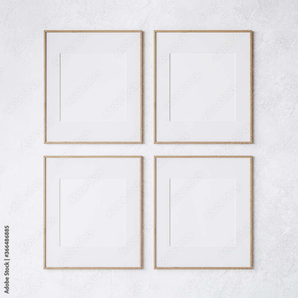 four square frame, poster mockup on white wall, 3d render Stock ...