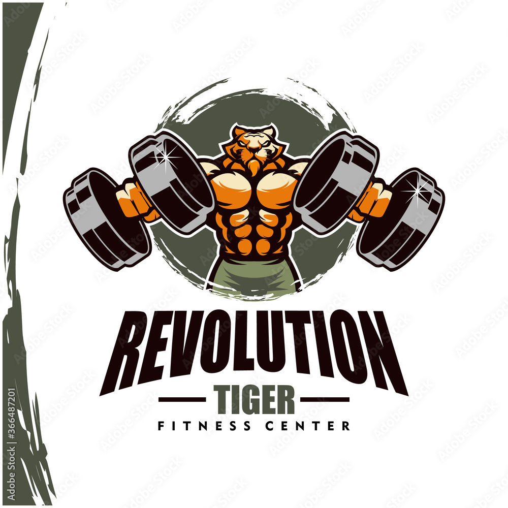 Tiger with strong body, fitness club or gym logo. Design element for ...
