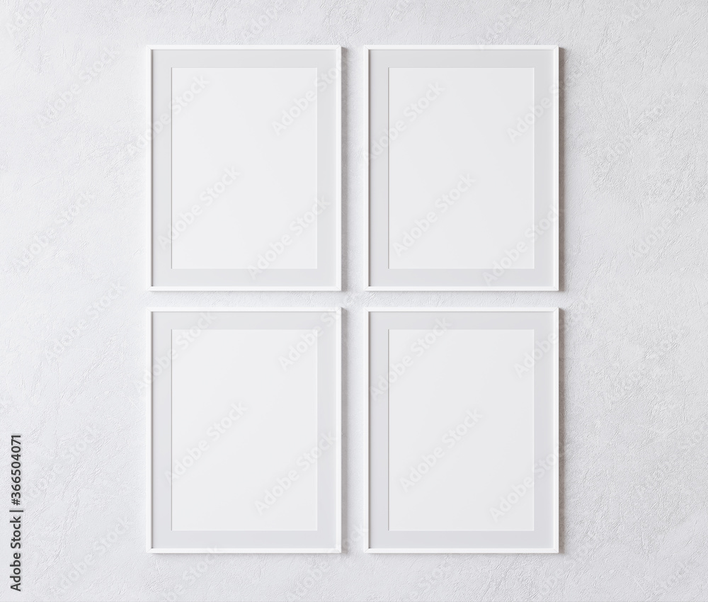 four vertical white frame on white wall, poster mock up, 3d illutation ...