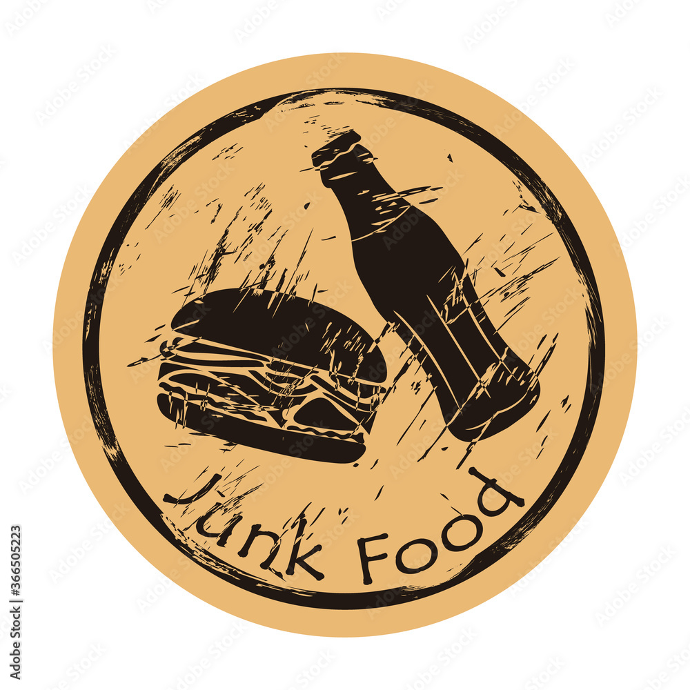 Junk food silhouette vector round shabby emblem flat design, old retro ...