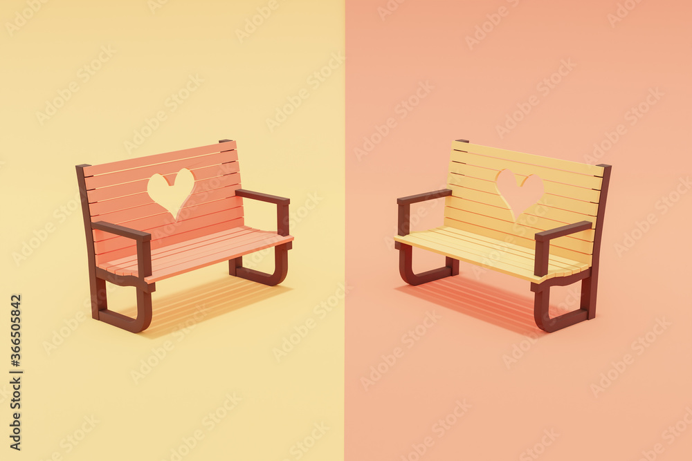 red and orange bench with a heart on red and orange background. Two ...