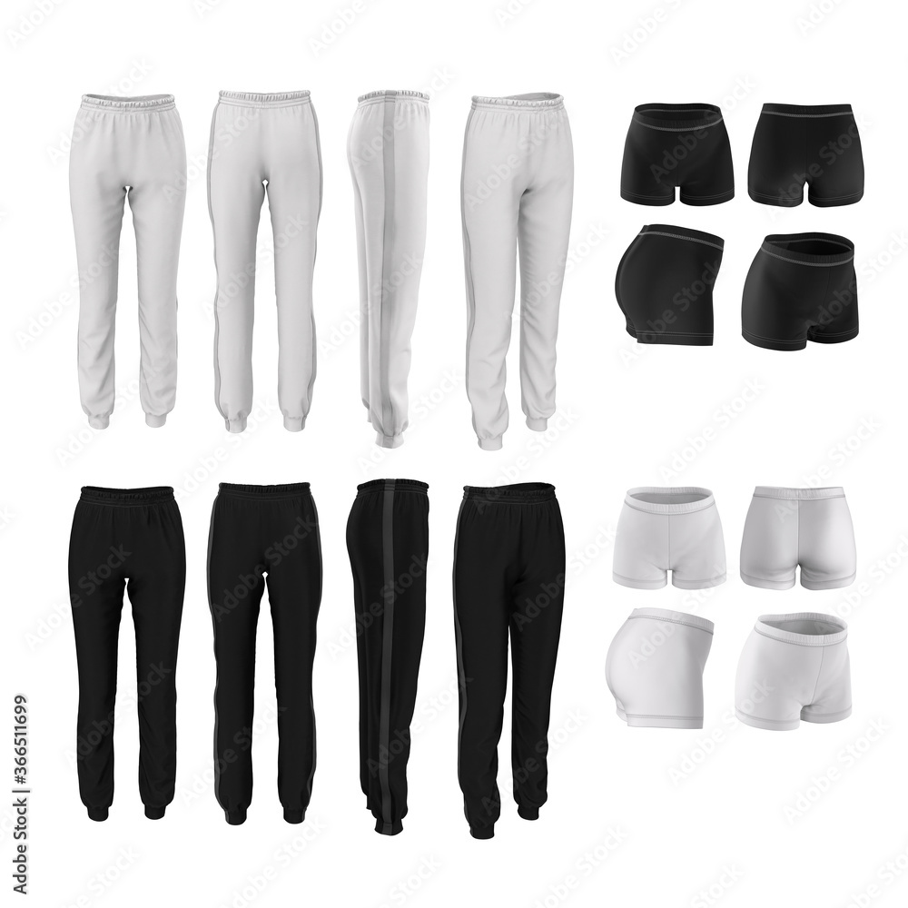 Pants and shorts in black and white color. Front, back, side view ...
