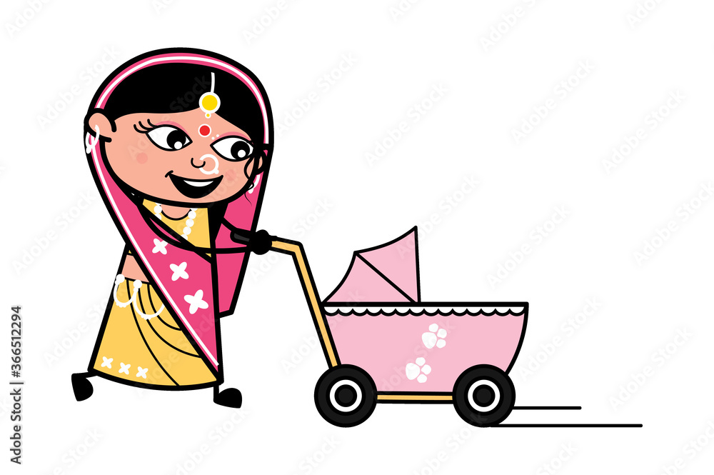 Cartoon Indian Woman with Baby Cart Stock Vector | Adobe Stock