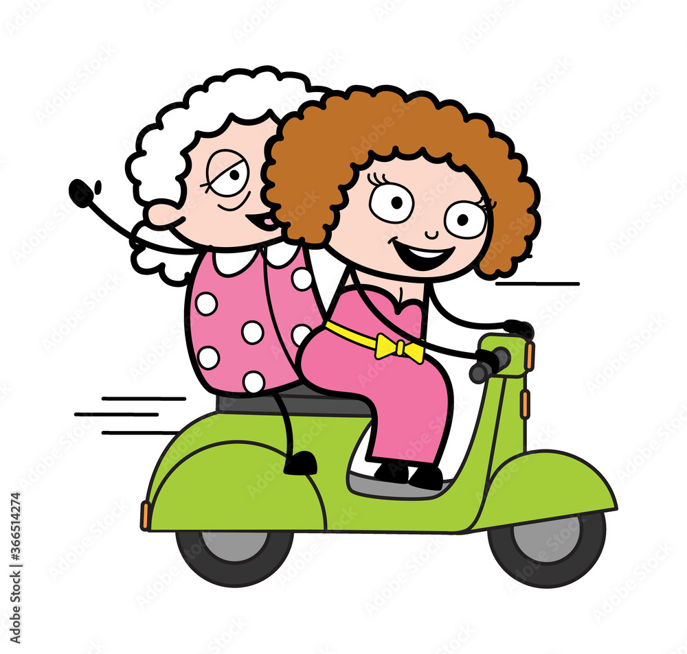 Cartoon Young Lady Riding Scooter with an old lady Stock Vector | Adobe ...