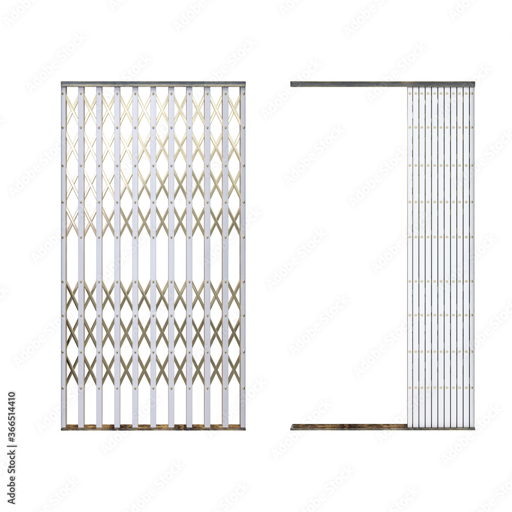 Open and closed doors made of metal grill. Metal accordion doors ...