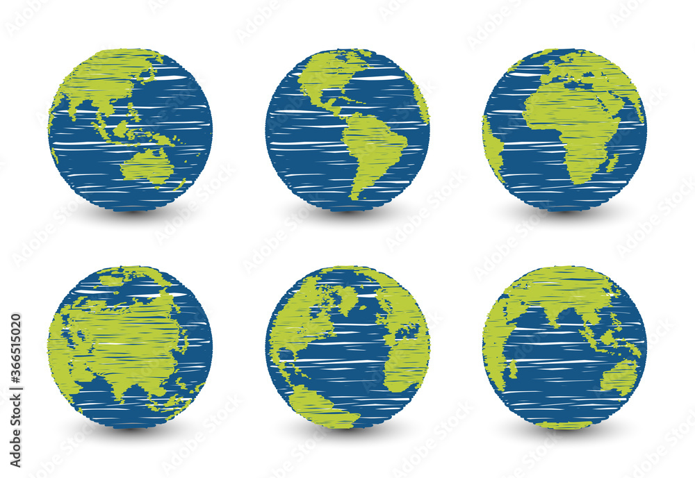 Set of planet earth. Set of earth globe. World maps flat design simple with scribble effect ...