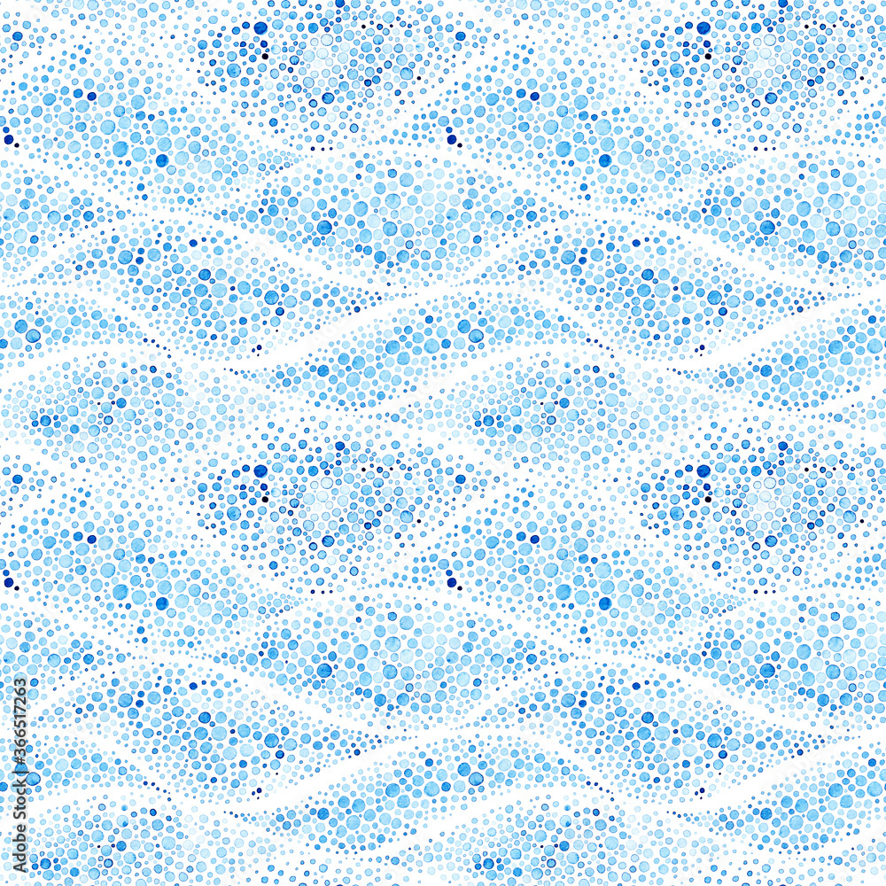 Wavy seamless watercolor pattern. Blue dots on a white background ...