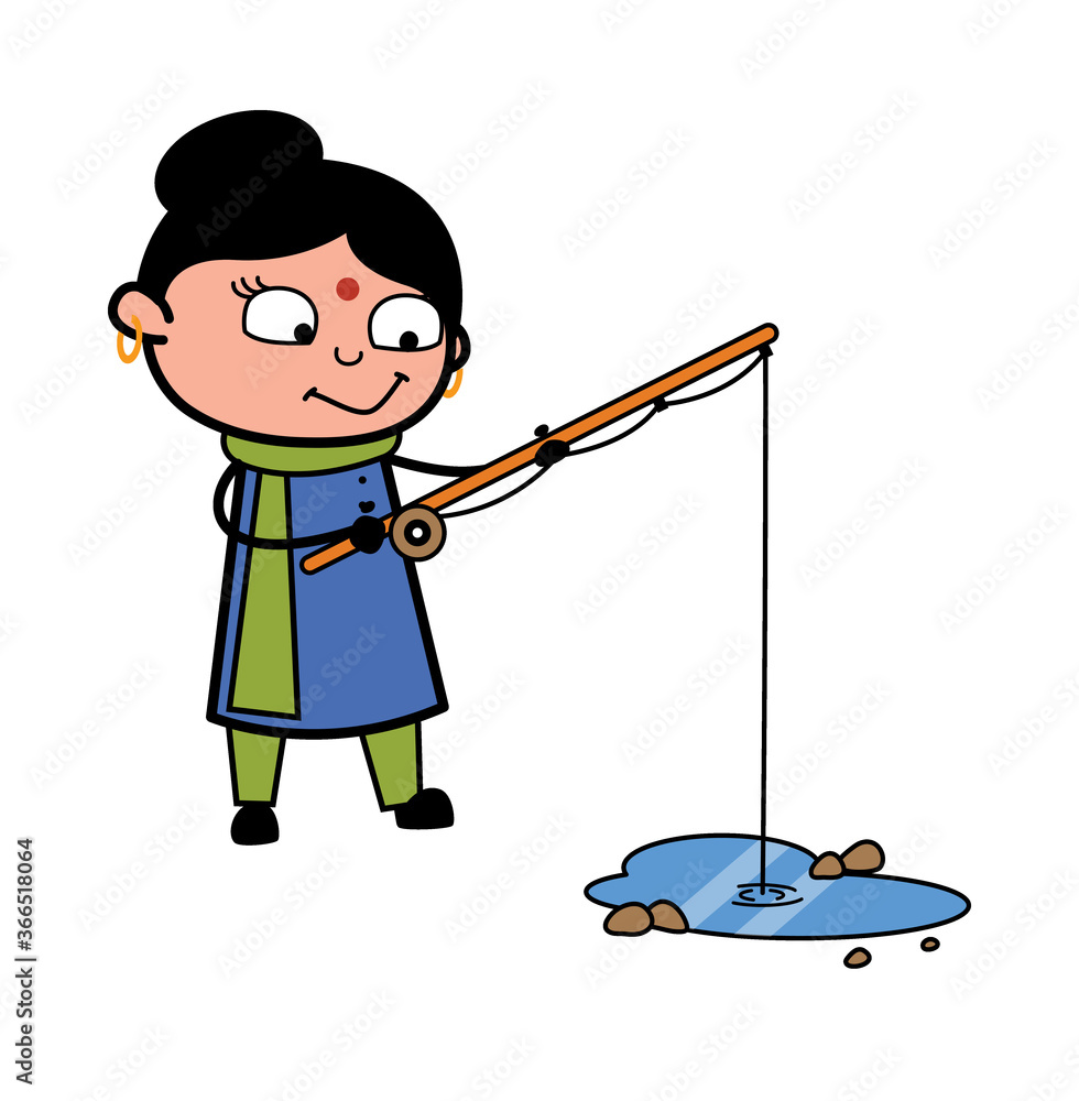 Cartoon Indian Lady Fishing Stock Vector | Adobe Stock