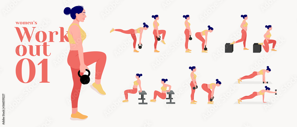 Workout women set. Women fitness and yoga exercises. Lunges, Pushups ...