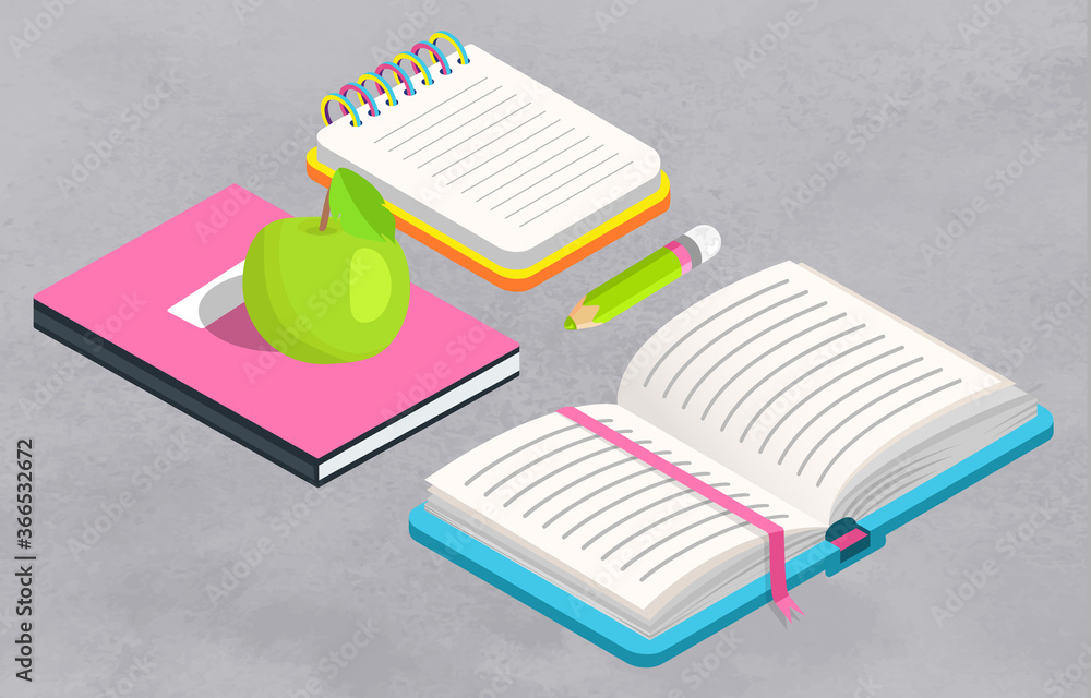Notebook and textbook vector, isolated book with snake, back to school ...