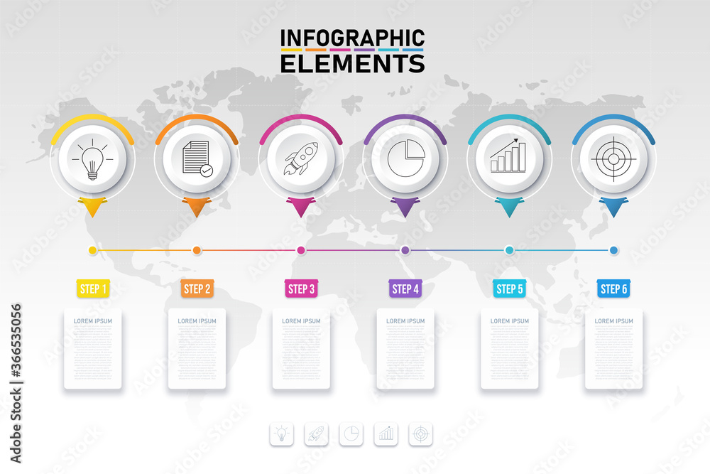 Modern infographics process template with paper circles, icons for 6 ...