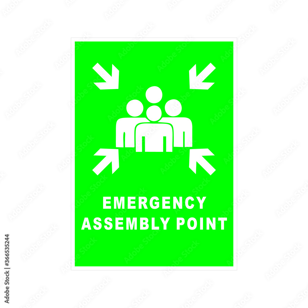 Vector illustration signage of assembly point with English text. Symbol ...