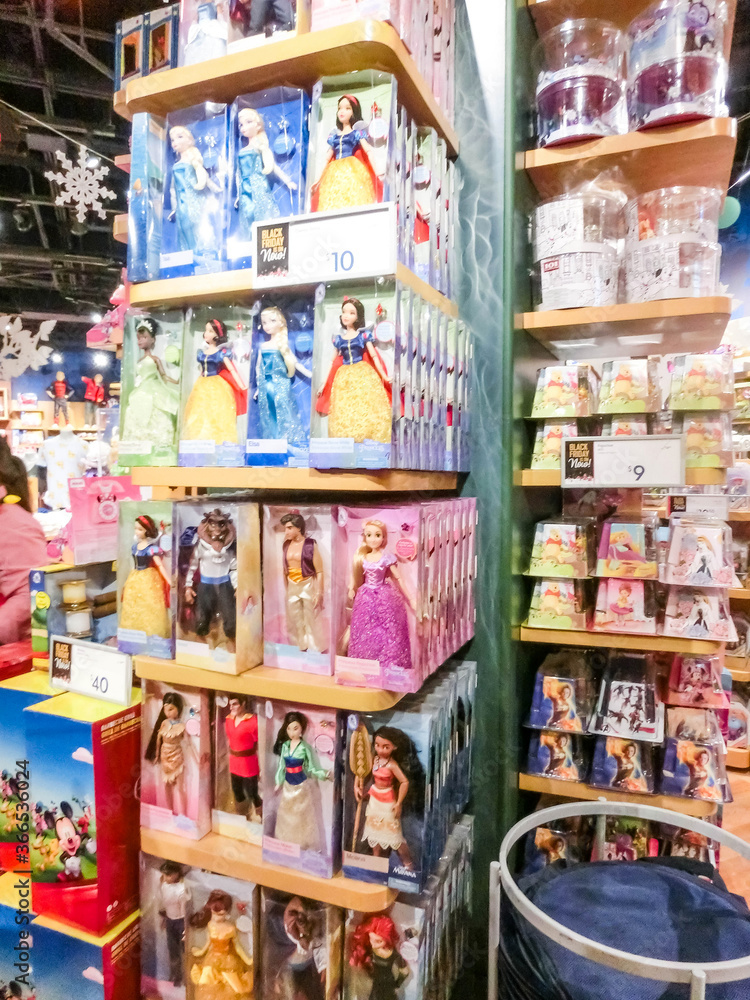 Miami, USA - November 30, 2019: The colorful princesses at Disney store ...