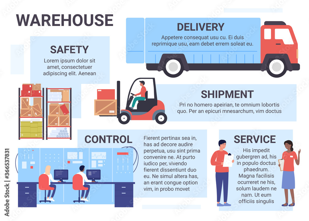 Warehouse logistics service infographic vector illustration. Cartoon ...