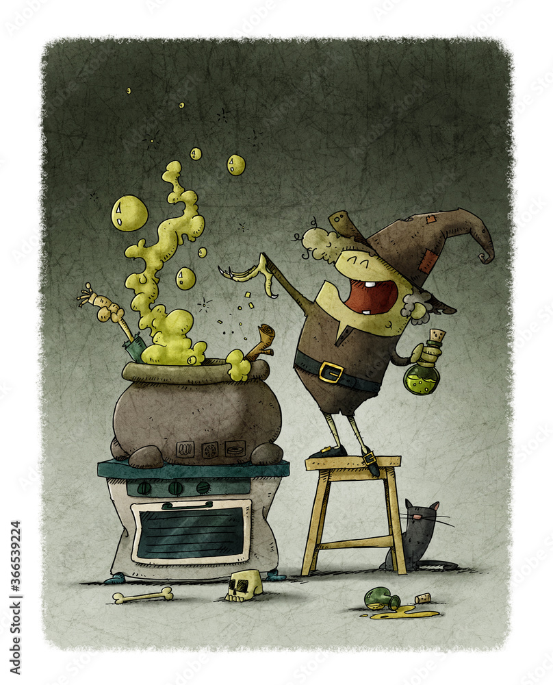 witch on a stool is throwing something into a huge bubbling potion ...