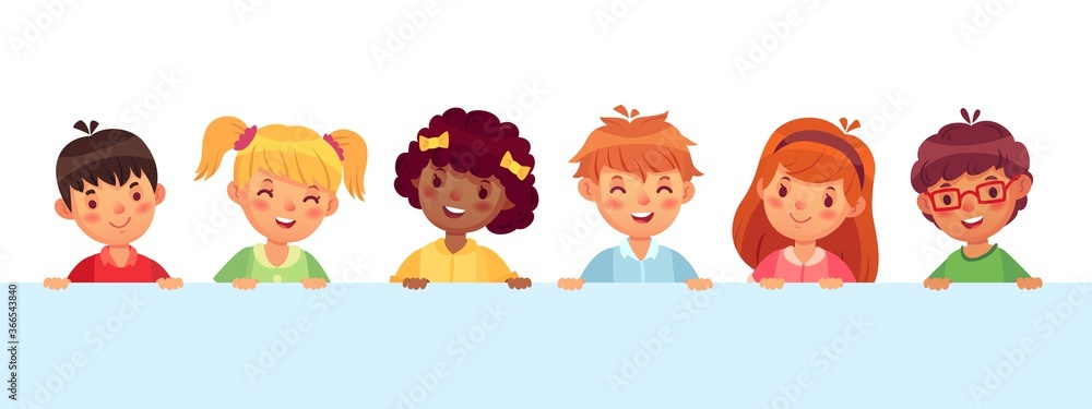 Children peeking out from wall, diverse cheerful kids laughing and ...