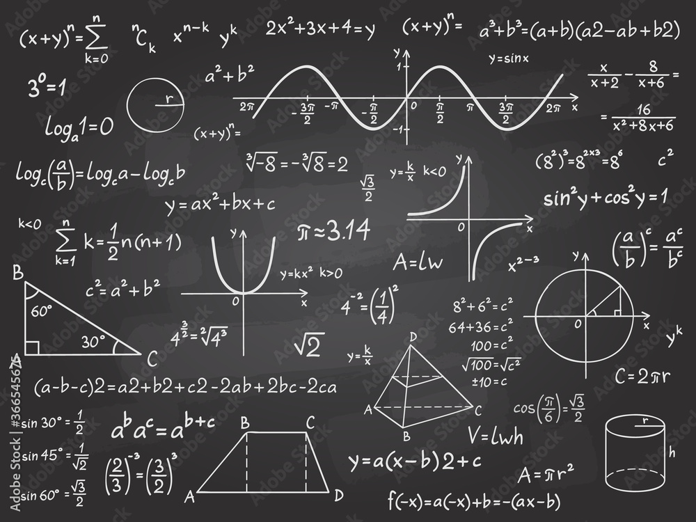 Math formula. Mathematics calculus on school blackboard. Algebra and ...