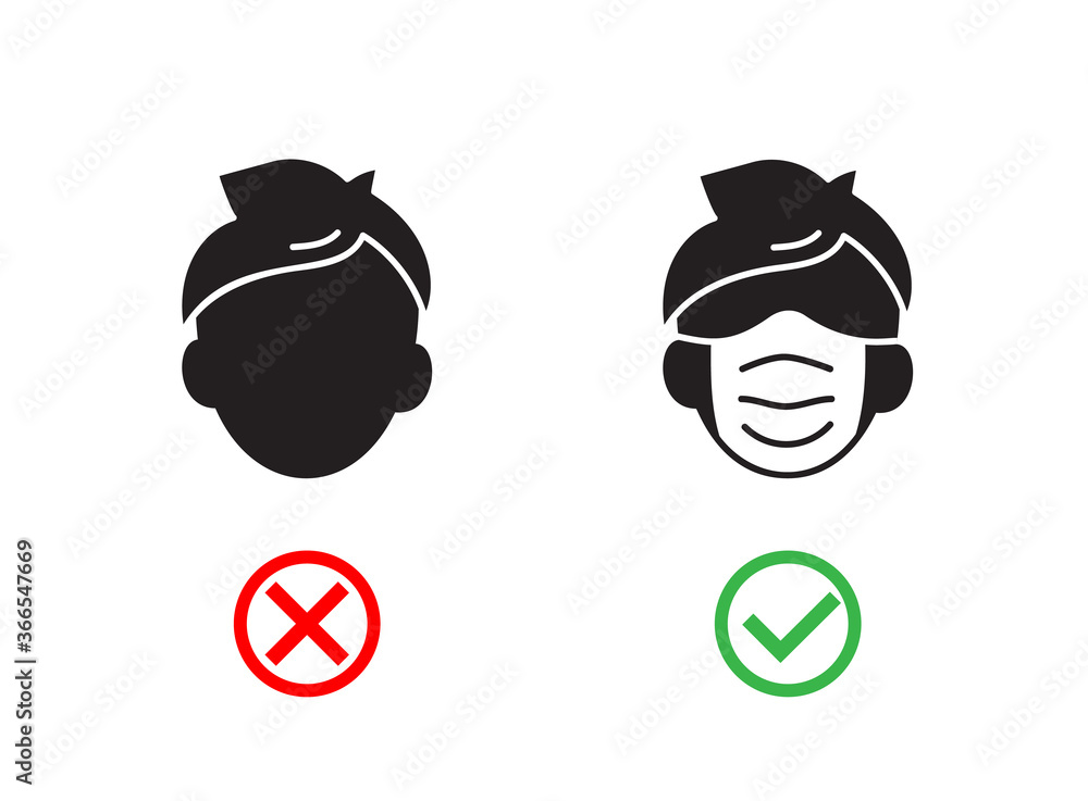 No Face Mask No Entry. Man in wrong and right wear mask Icon. Notice ...