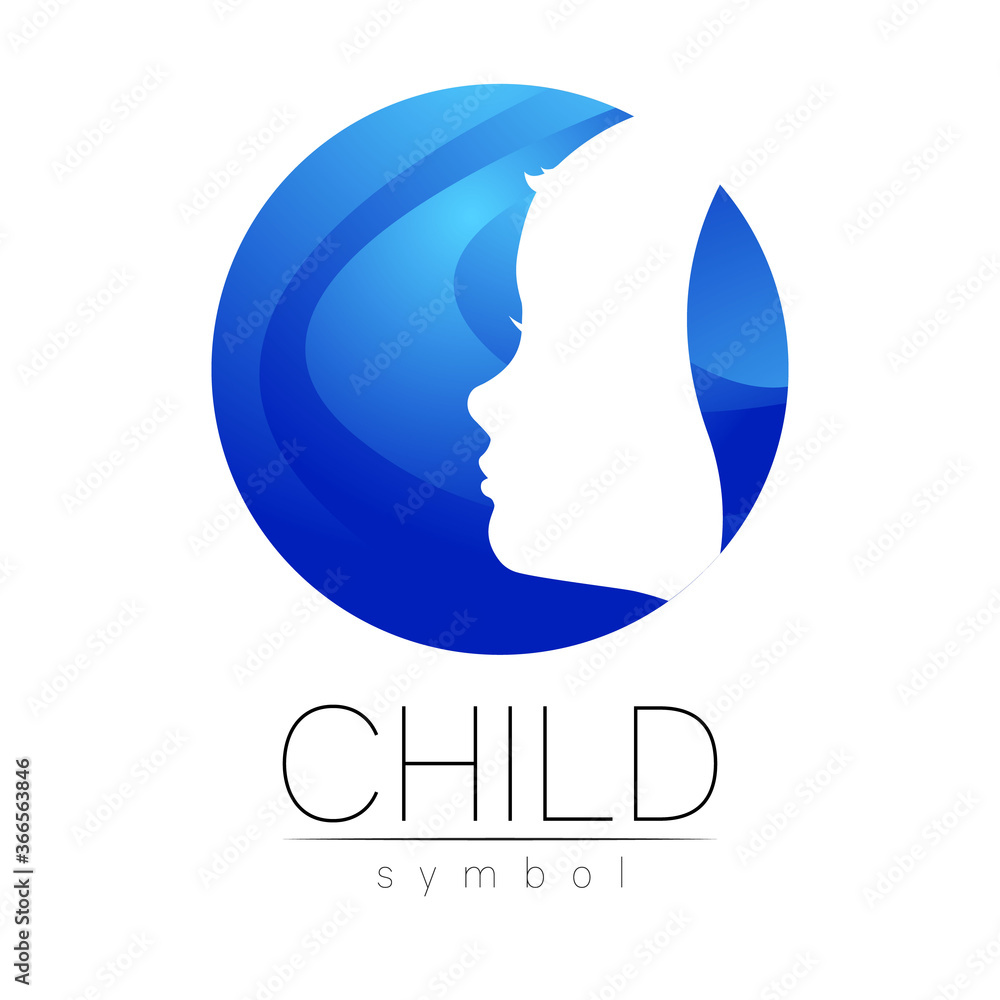 Child logotype in blue circle vector. Silhouette profile human head ...