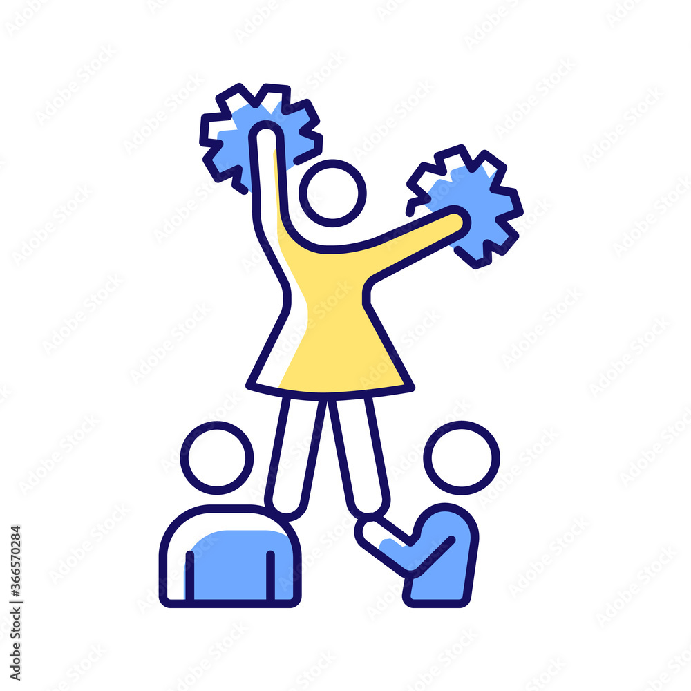 Cheerleading RGB color icon. Cheerleaders doing stunts. University life ...