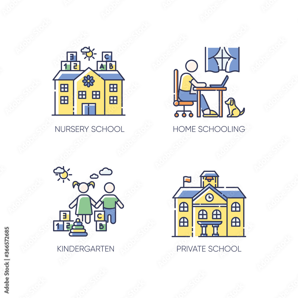 Academic studying RGB color icons set. Nursery school, kindergarten and ...