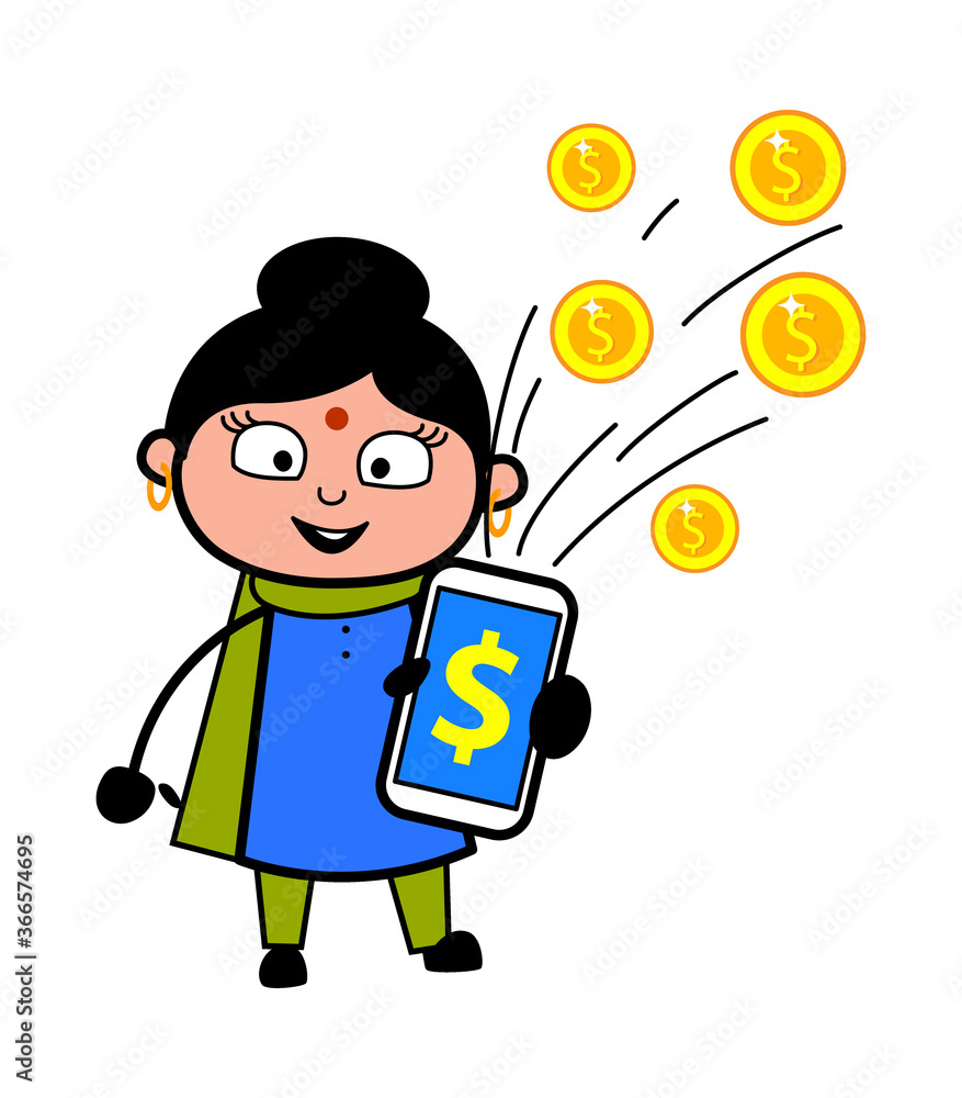 Cartoon Indian Lady showing Mobile Money Stock Vector | Adobe Stock