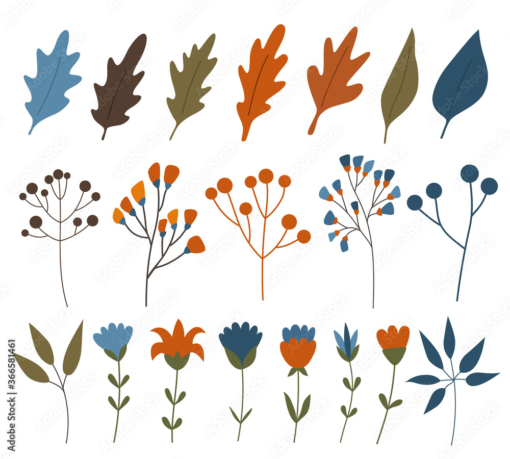 Big fall autumn bundle. Set of 20 vector elements. Berries, leaves ...
