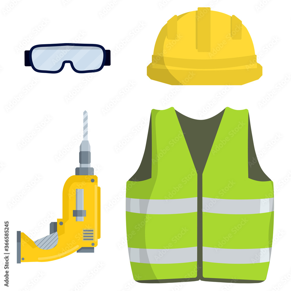 Clothing and tools the worker and Builder. Drill, goggles, green vest ...