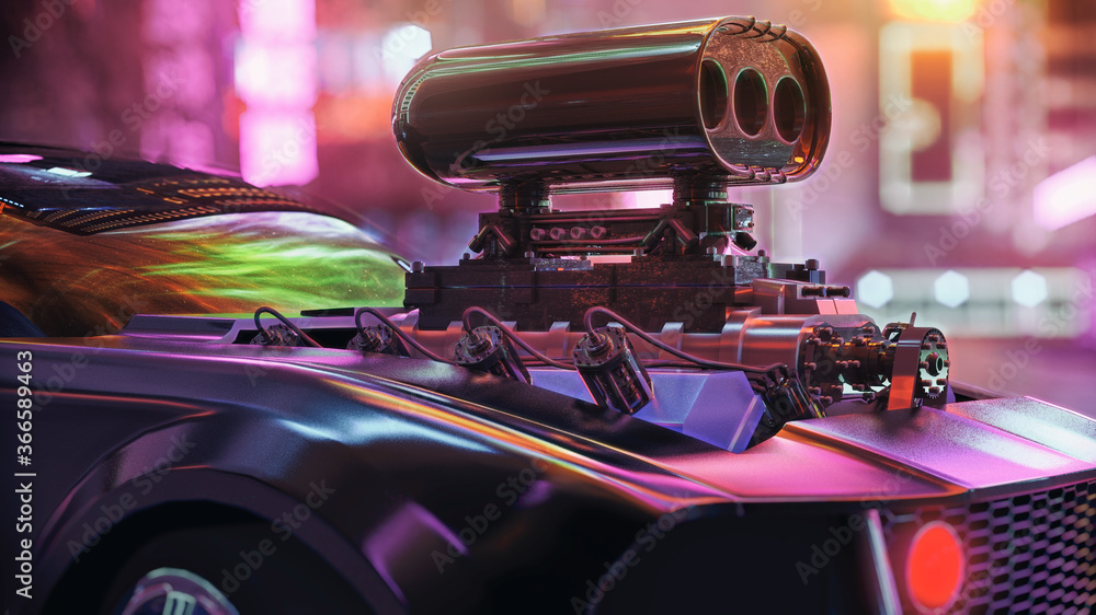 unique super charged engine design close up detail in a futuristic city ...