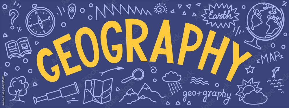 Vetor de Geography. hand drawn word "geography" with educational doodle ...
