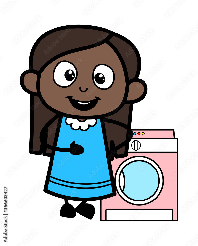 Cartoon Black Girl standing with washing machine Stock Vector | Adobe Stock