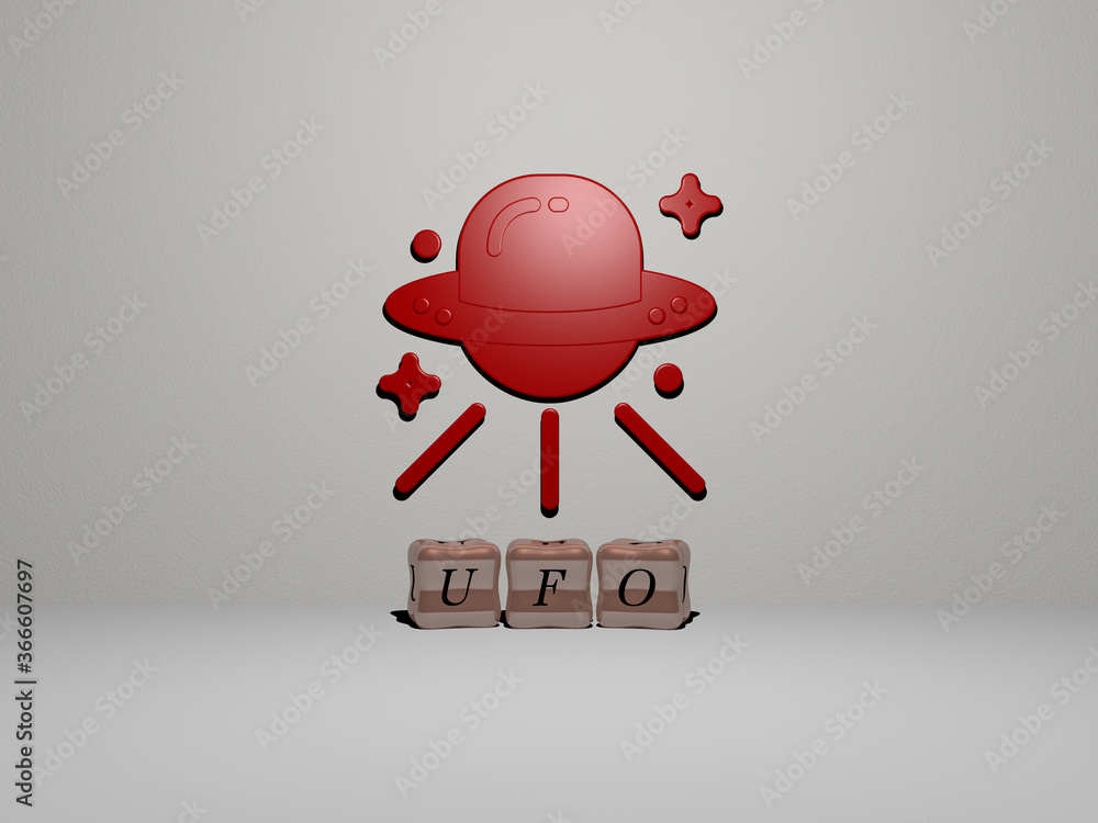 3D representation of ufo with icon on the wall and text arranged by ...