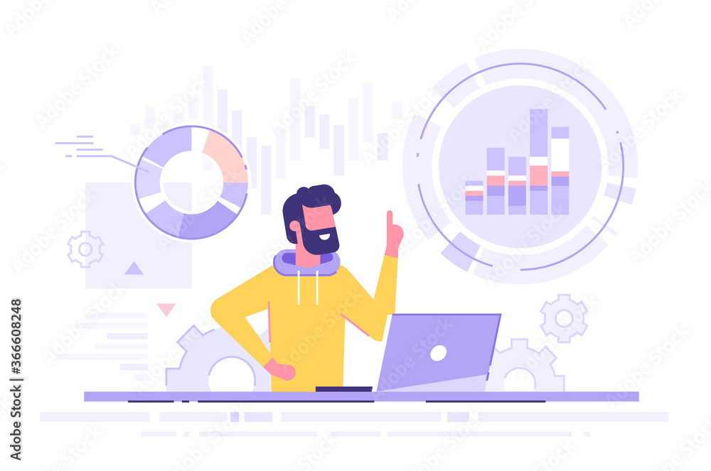 Handsome businessman analyzing data on his laptop and holding up his ...