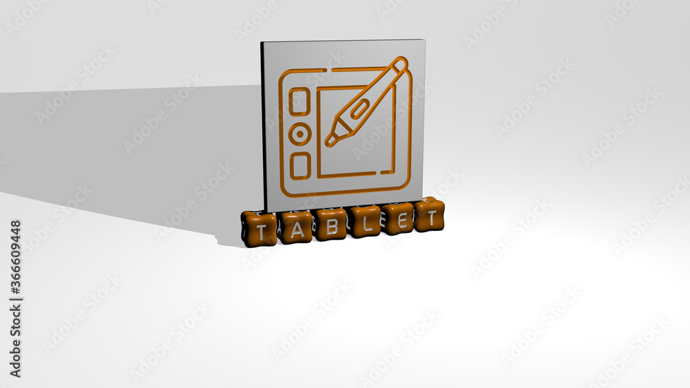 3D illustration of tablet graphics and text made by metallic dice ...